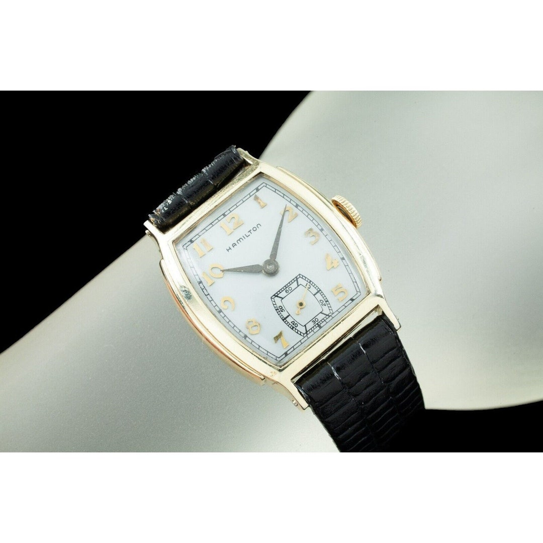 Hamilton Gold-filled Hand-winding Tonneau Watch W/ Black Leather Band ...