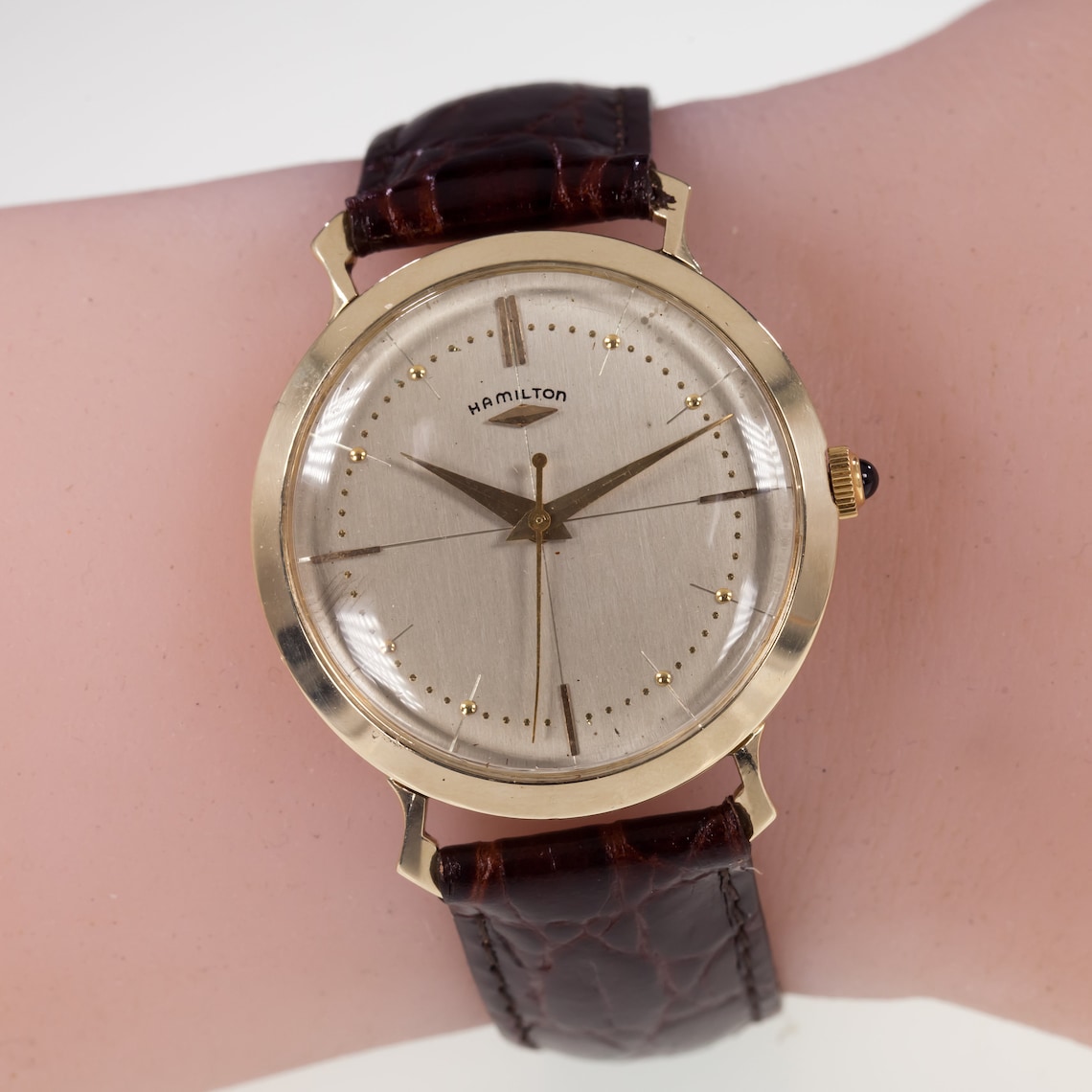 Vintage 1950s Hamilton 14k Gold Men's Dress Watch W/ Leather Band, Ref ...