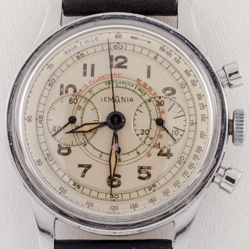 Lemania Stainless Steel 15TL Chronograph Watch Tachymeter 1940s Leather ...