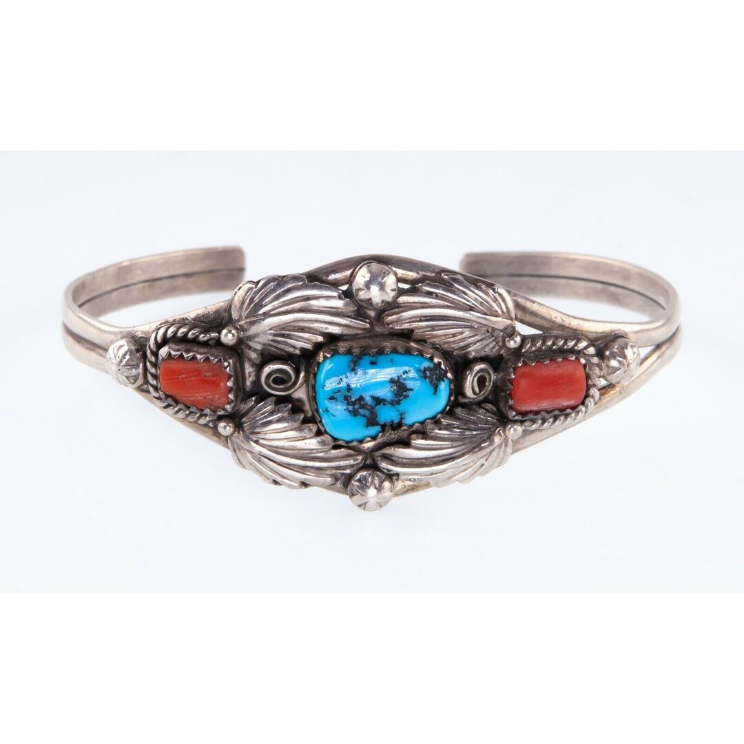M. Begay Sterling Silver Cuff Bracelet W/ Turquoise, Coral Stones ...