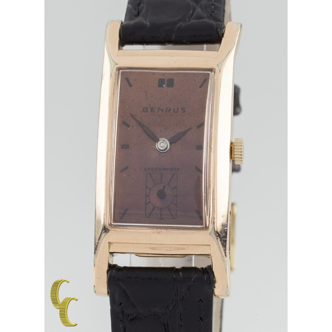 10k Rose Gold Filled Benrus Rectangle Hand-winding Watch W/ Leather ...