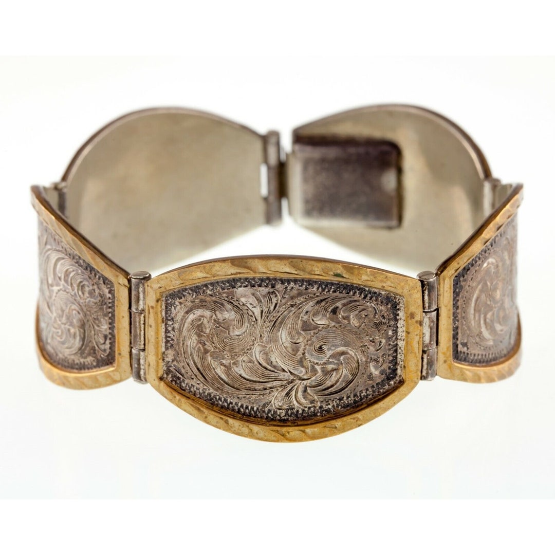 Vintage Mexico Sterling Silver & Brass Hand Engraving Link Bracelet 7. ...