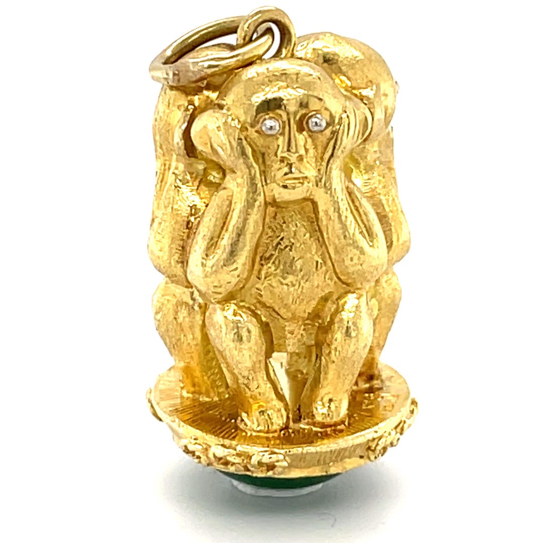 18k Gold Three Wise Monkeys Charm Pendant W/ Jade Cabochon, Hear/see ...