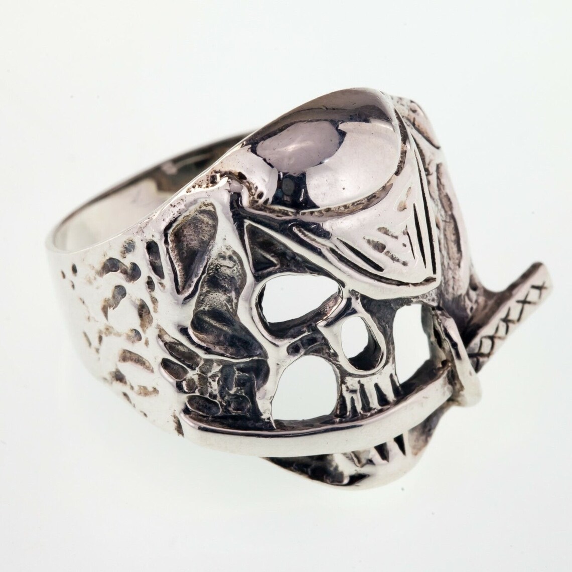 Men's Biker Pirate Skull W/ Eye Patch & Knife in Sterling Silver Ring ...