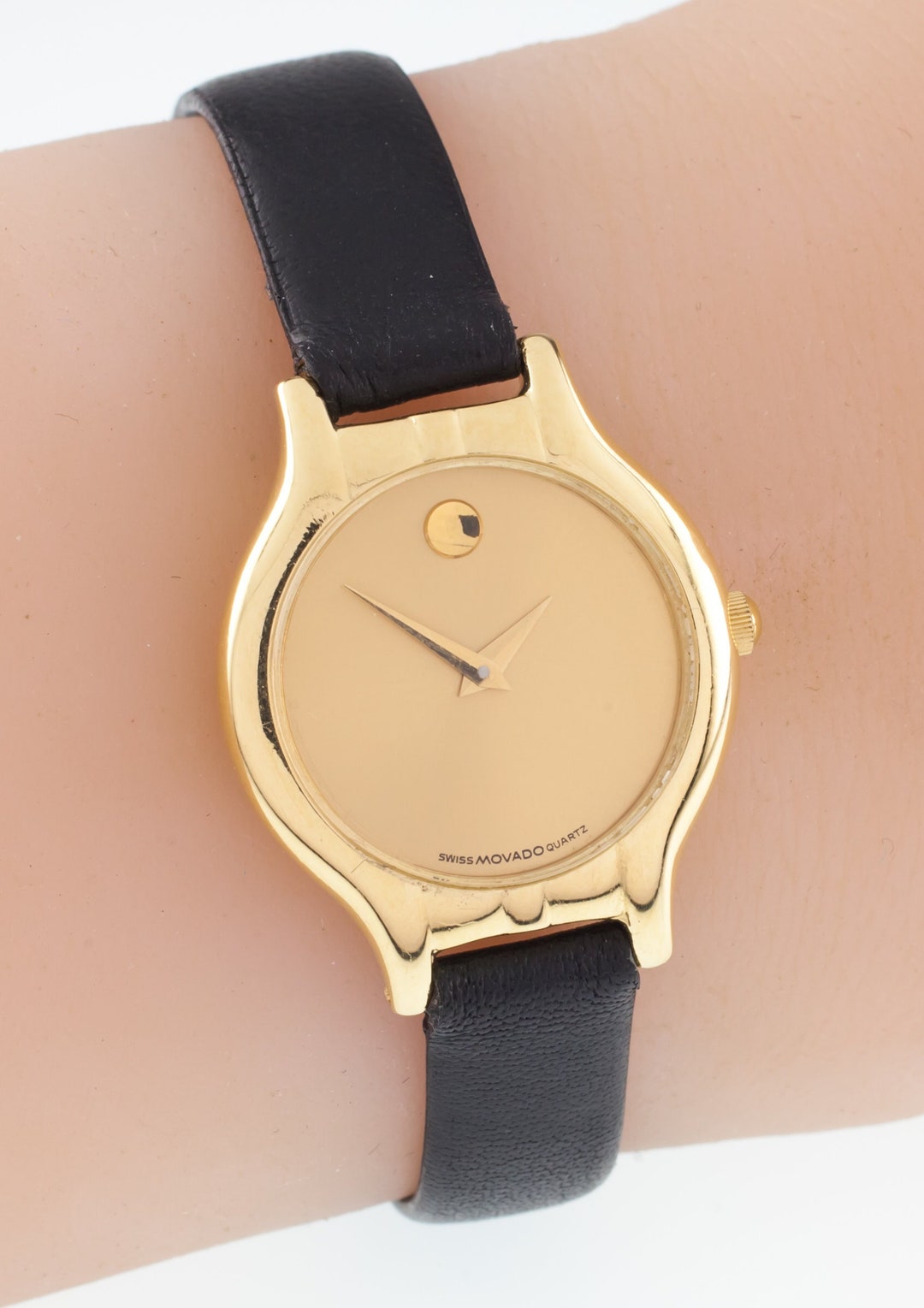 Vintage 1990s Movado Museum 18k Gold Women's Quartz Watch W/ Black ...