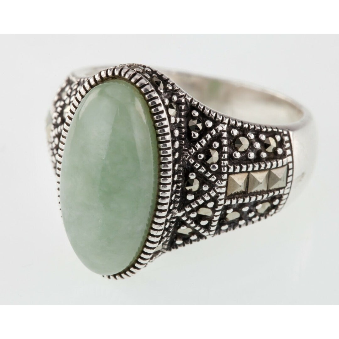 Beautiful Green Jade and Marcasite Sterling Silver Ring Sz 9 - Etsy