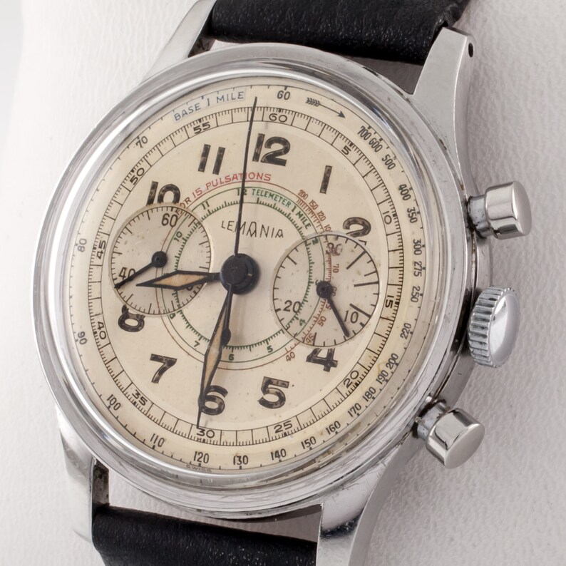 Lemania Stainless Steel 15TL Chronograph Watch Tachymeter 1940s Leather ...