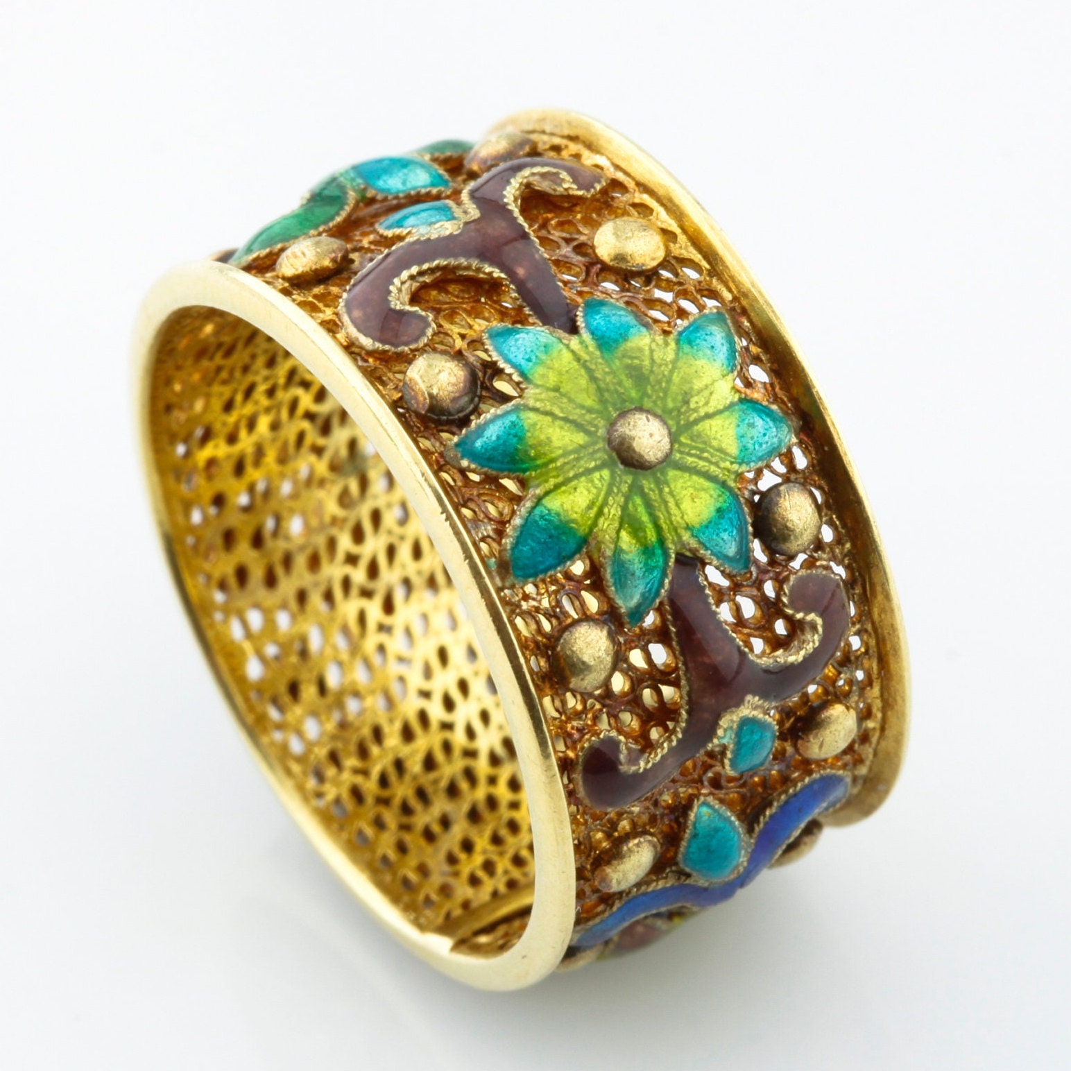 Gorgeous 14k Yellow Gold Hand-made Band Mesh Ring W/ Gorgeous Enamel ...
