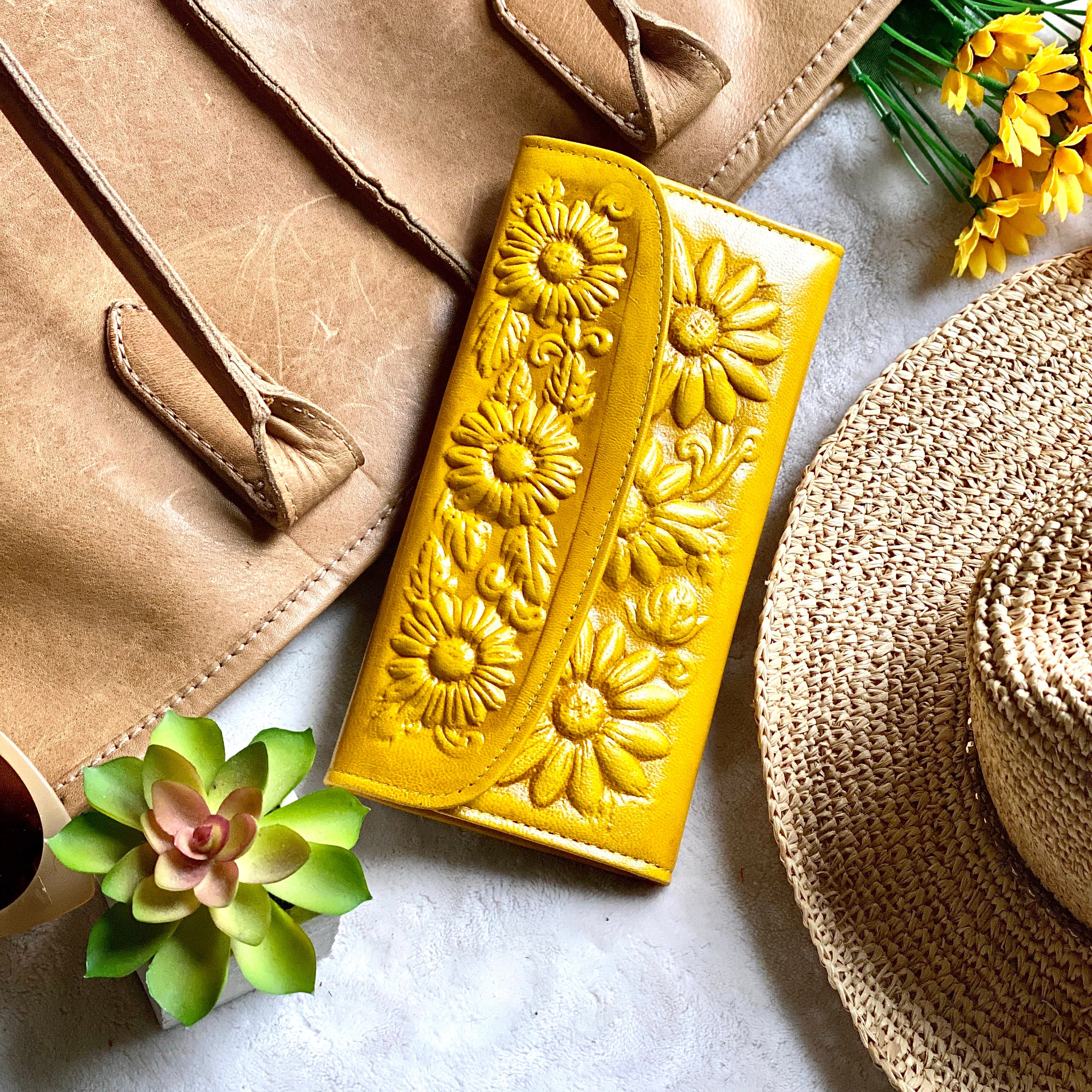 Handmade Authentic leather Sunflowers woman wallet - Woman purse ...