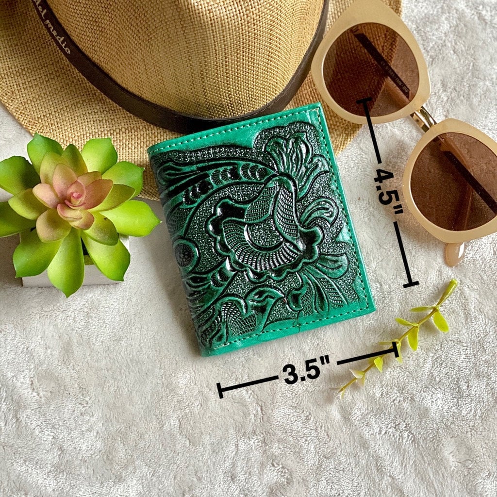 Handmade tooled green woman wallet leather - wallet for women - western ...
