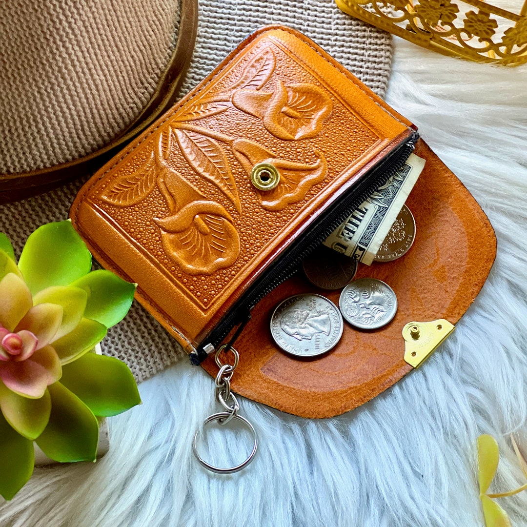 Leather Key Ring Coin Purse: Floral Tooled Pouch Wallet - Etsy