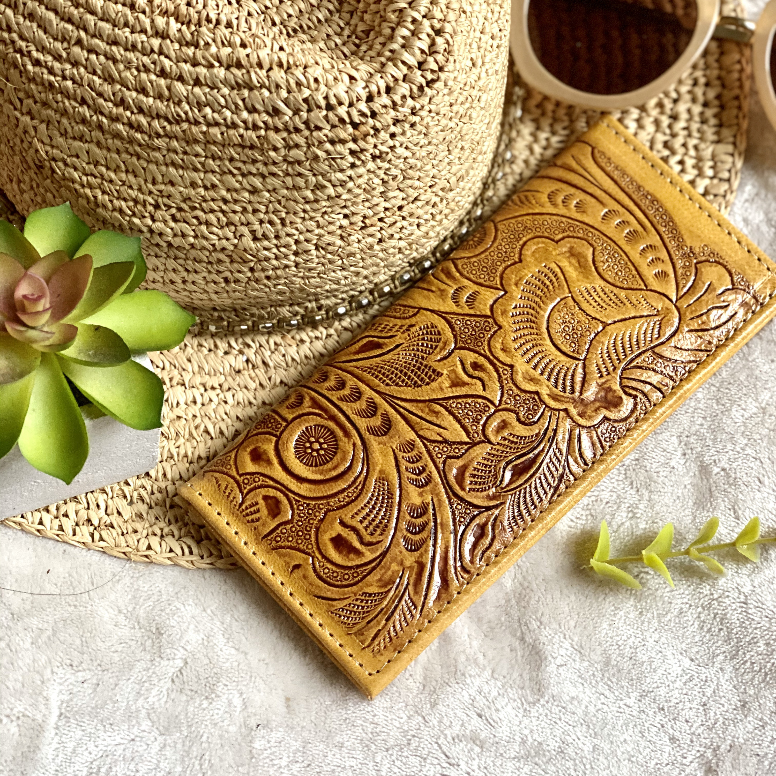 Tooled credit cards wallet- checkbook cover - gift for her - yellow ...