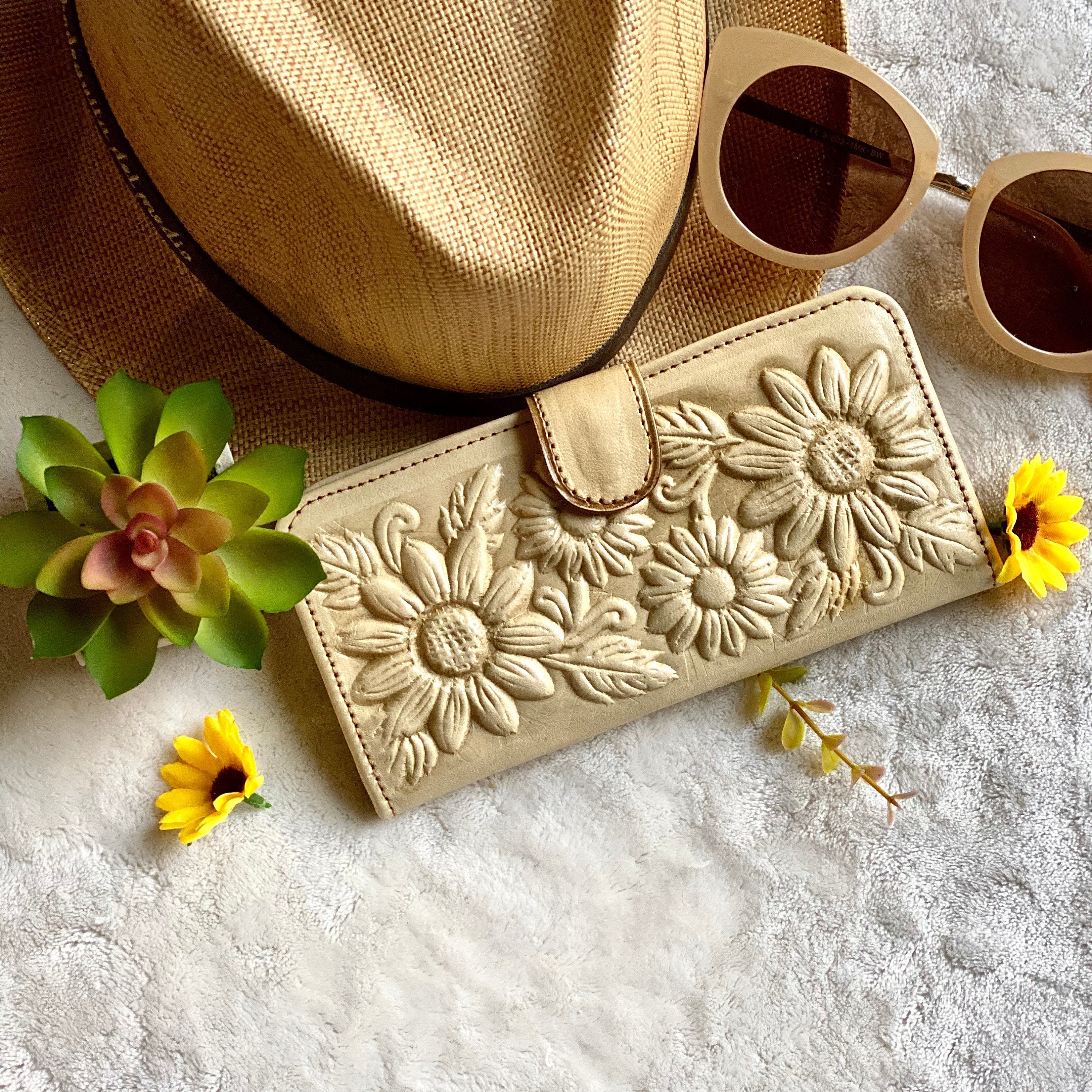 Handmade Tooled leather sunflowers wallets for women - credit cards ...