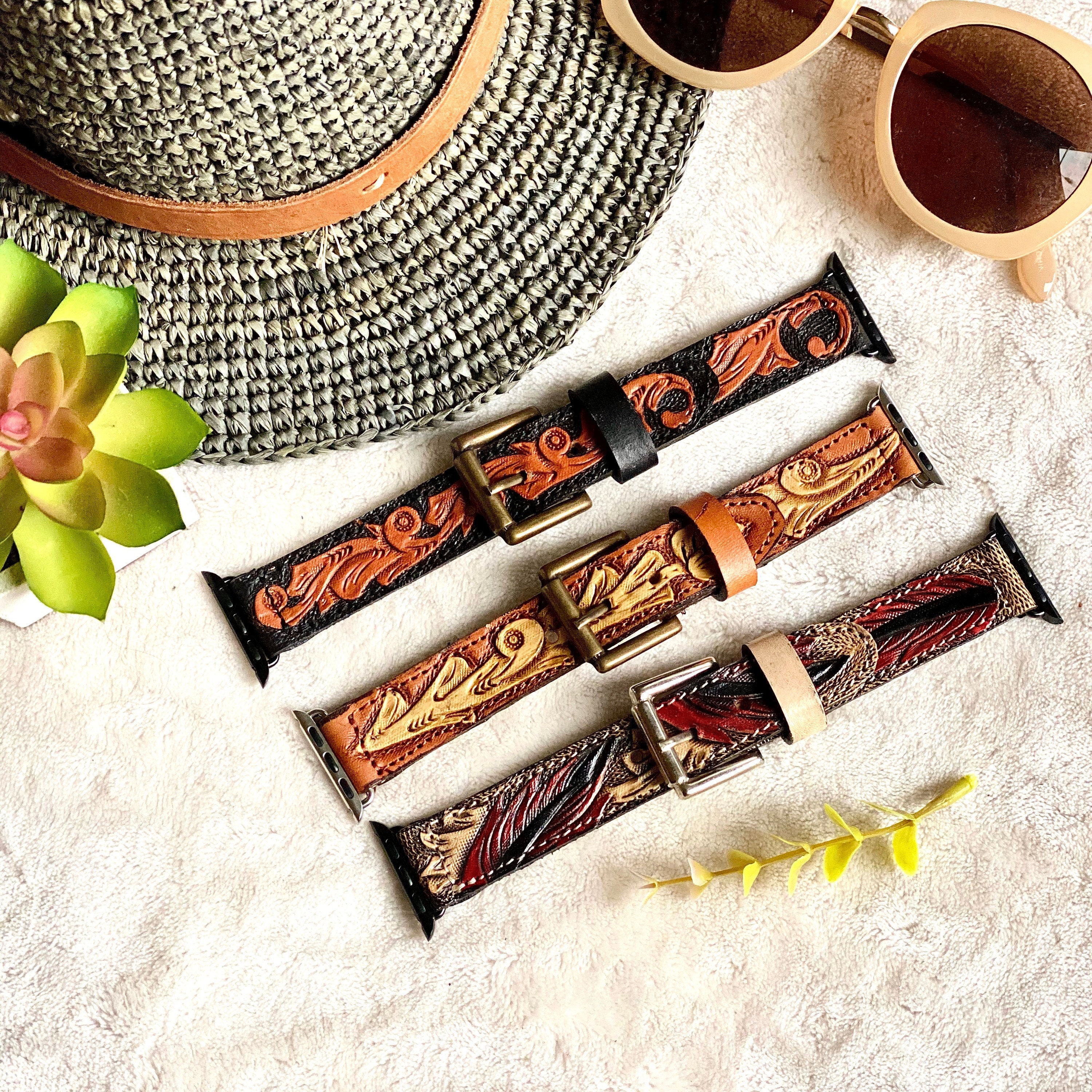 Handmade Tooled Apple Watch Band / Leather watch band. / Apple Watch 38 ...