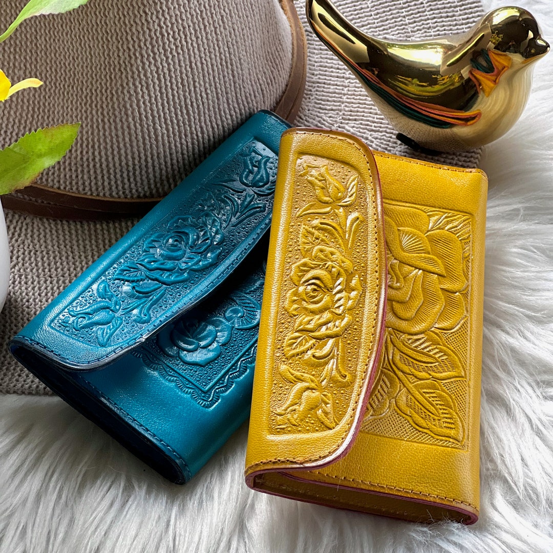 Rose Embossed Leather Wallet: Handmade Minimalist Women's Wallet - Etsy