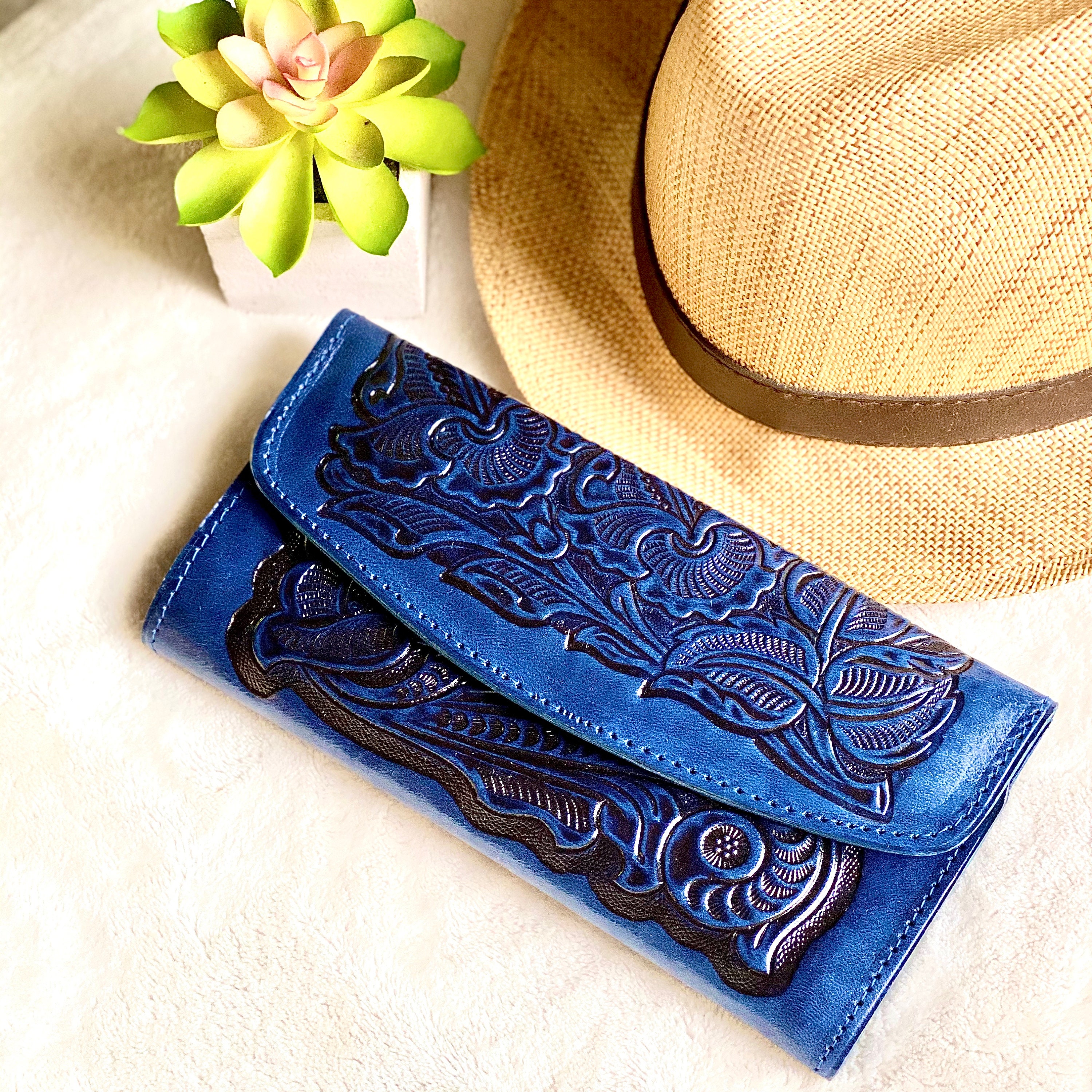 Western leather wallet woman- Blue woman wallet - Valentines day gift