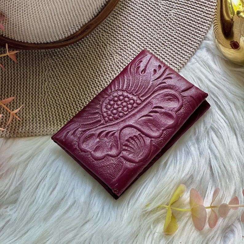 Handmade Embossed Leather Card Holder: Personalized Floral Wallet - Etsy