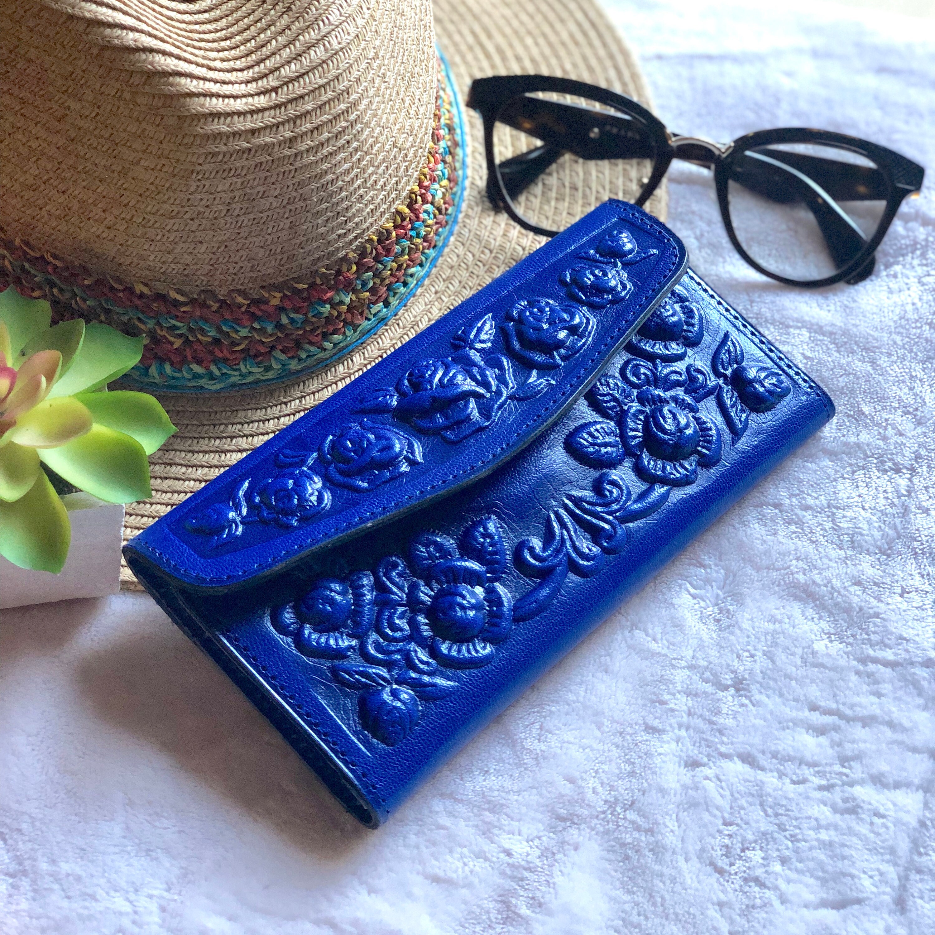Blue leather credit card wallets for women - roses wallet - gift for ...