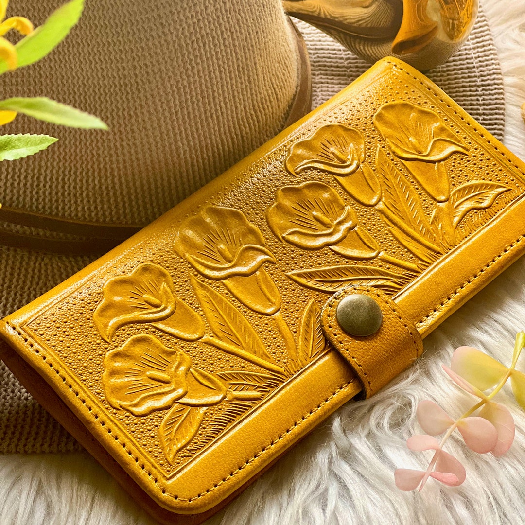 Embossed Calla Lily Leather Wallet for Women: Handmade Bifold Floral ...