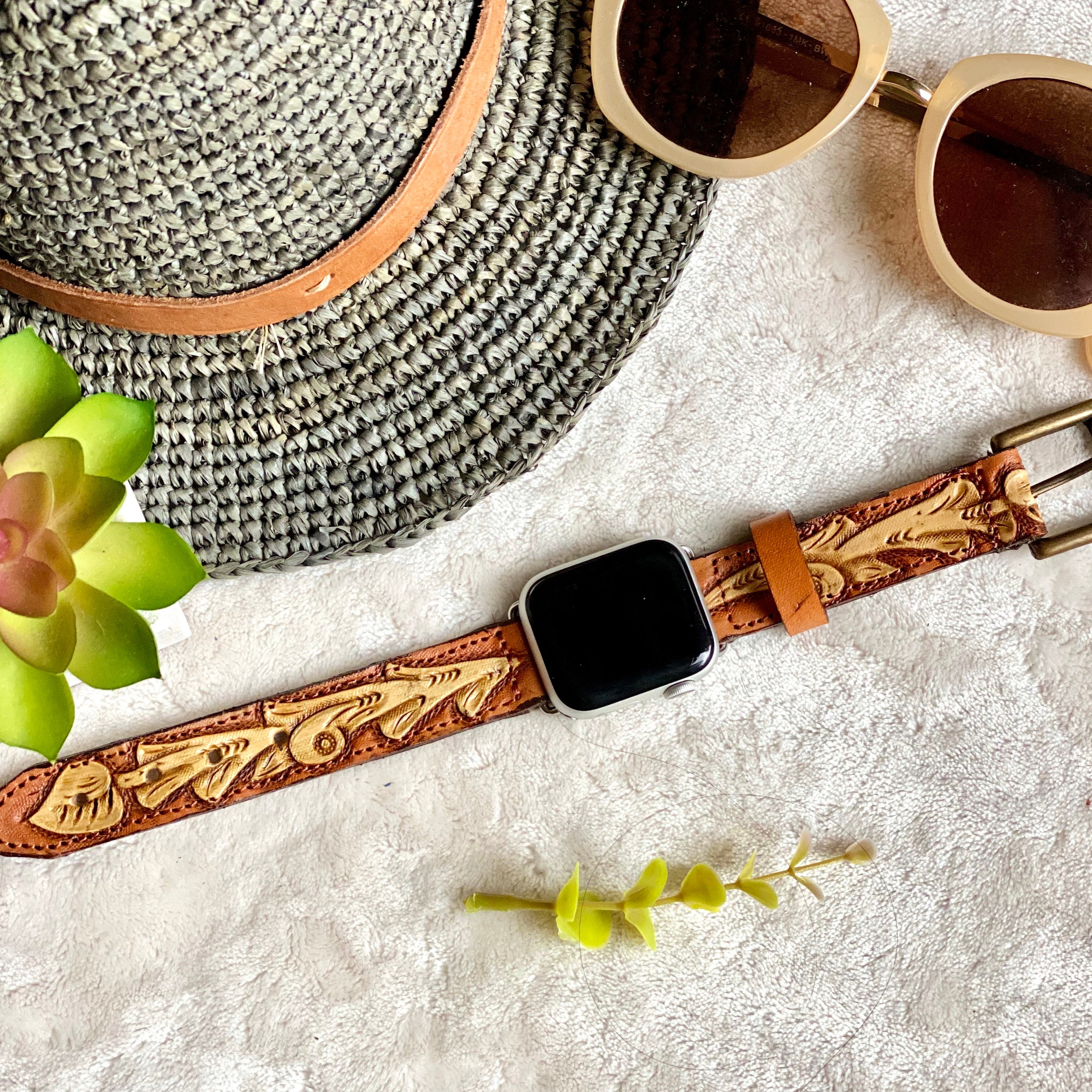 Handmade Tooled Apple Watch Band / Leather watch band. / Apple Watch 38 ...