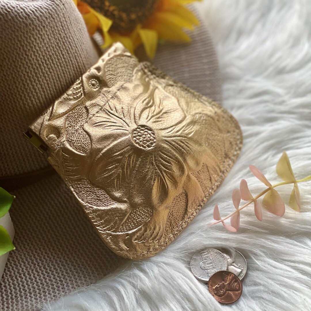 Floral Embossed Leather Squeeze Coin Purse: Handmade Vintage Pouch - Etsy