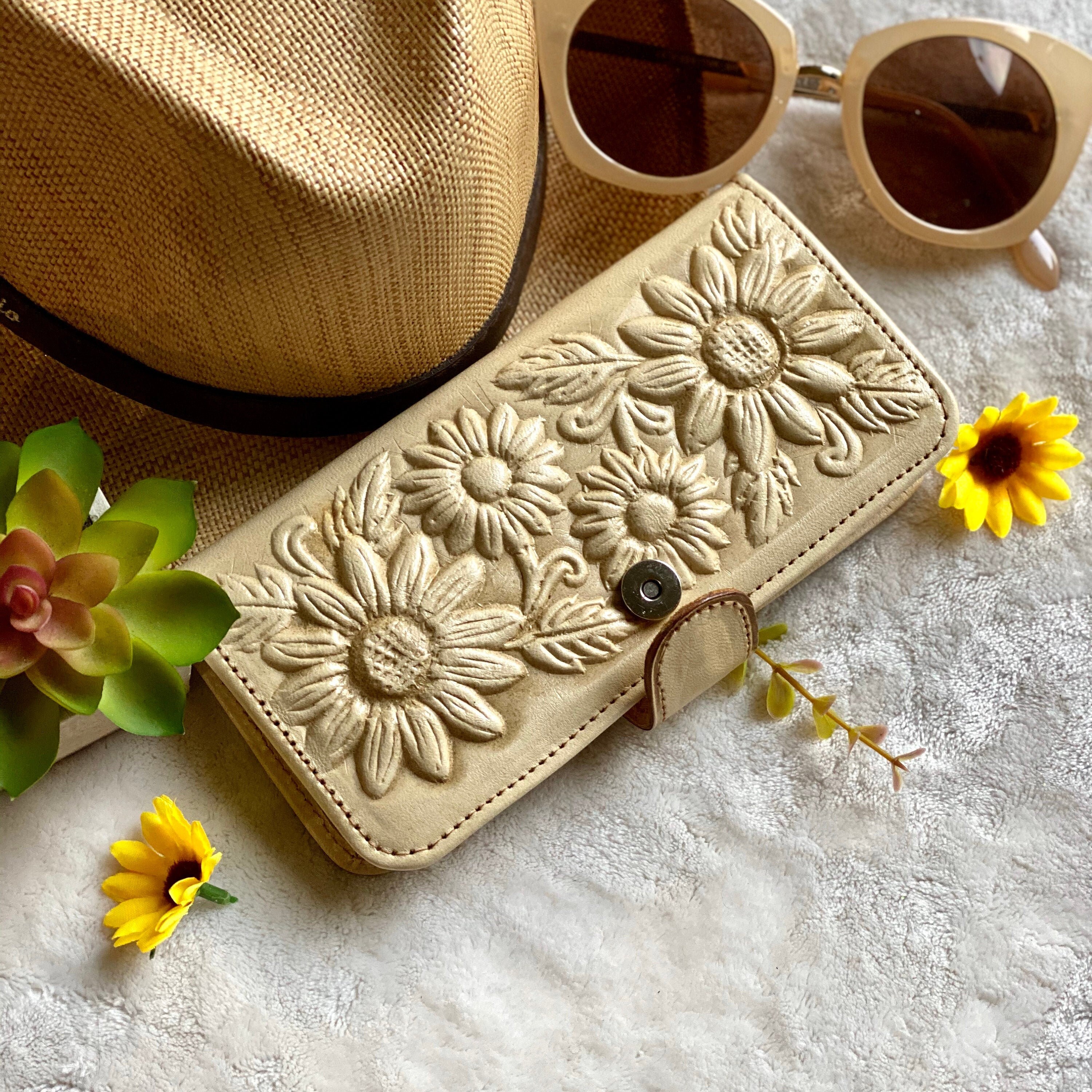 Handmade Tooled leather sunflowers wallets for women - credit cards ...
