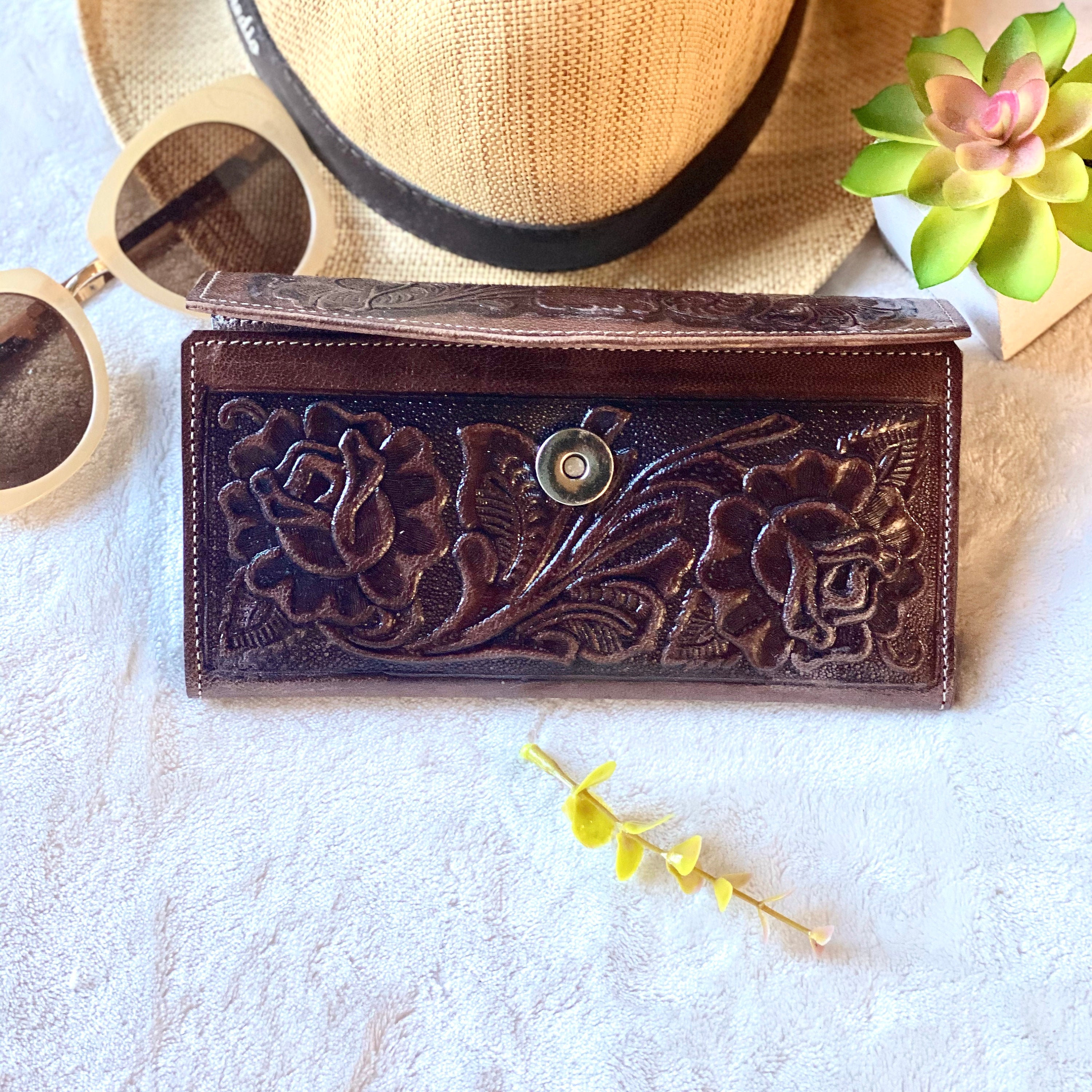 Brown Tooled Roses wallet for woman - woman wallet leather - Handmade ...