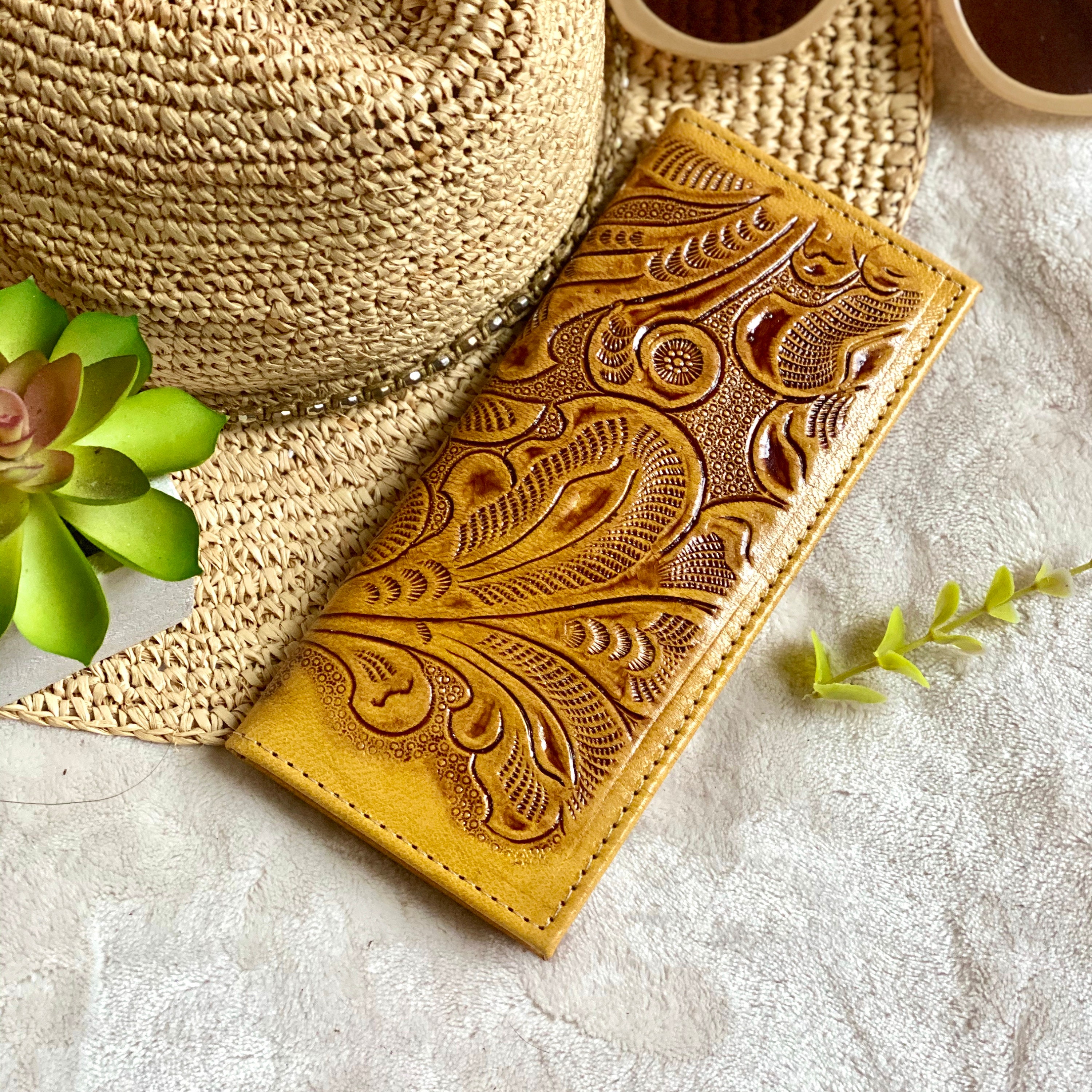Tooled credit cards wallet- checkbook cover - gift for her - yellow ...