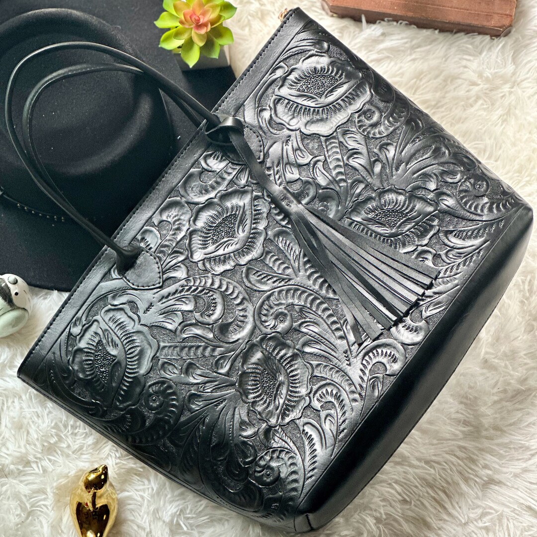 Handmade Tooled Leather Tote Bag: Floral Zipper Purse - Etsy
