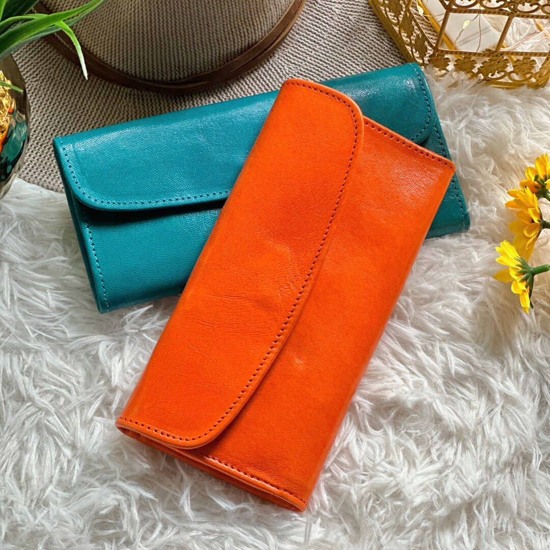 Handmade Long Leather Wallets for Women • Orange Teal Clutch Purse ...
