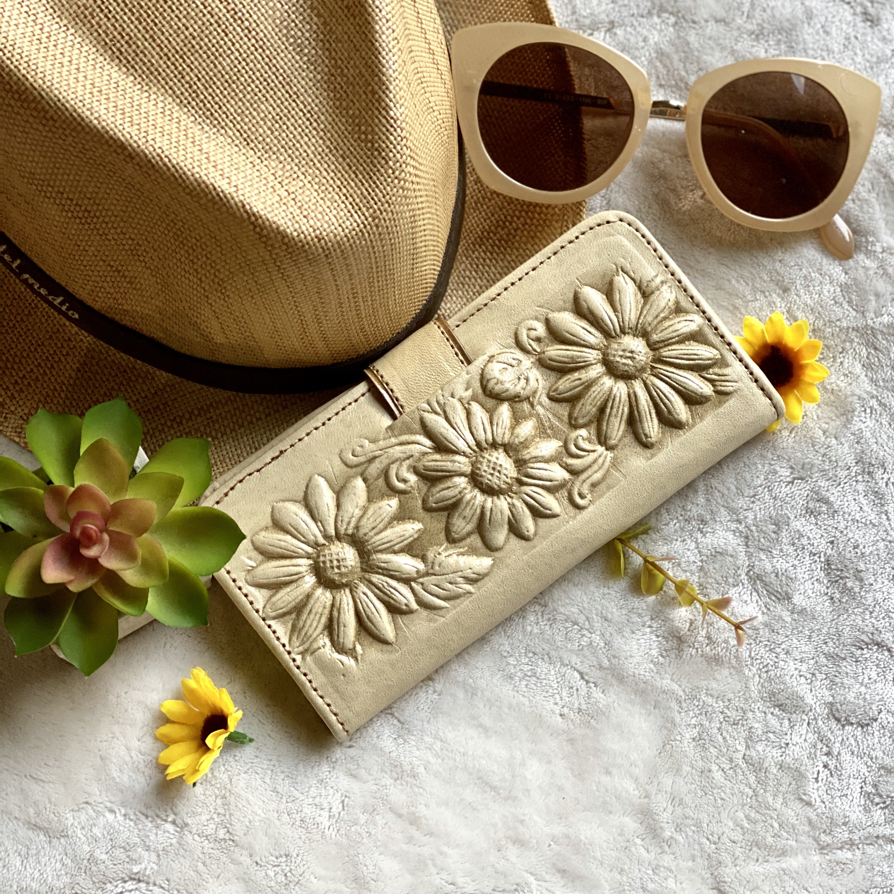 Handmade Tooled leather sunflowers wallets for women - credit cards ...
