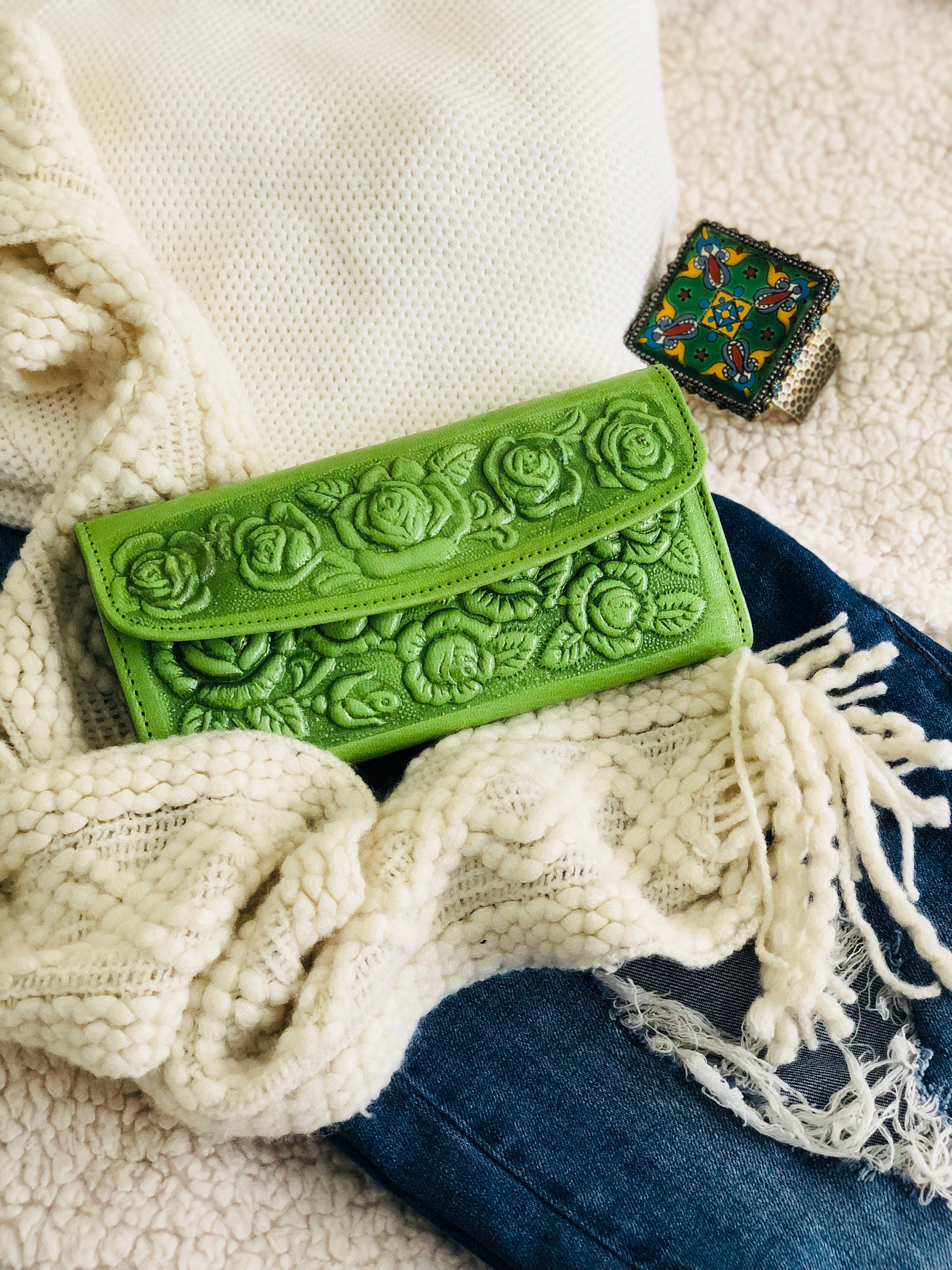 Vintage Style Wallet, Mexican Wallet, Roses Wallet, Tooled Leather ...