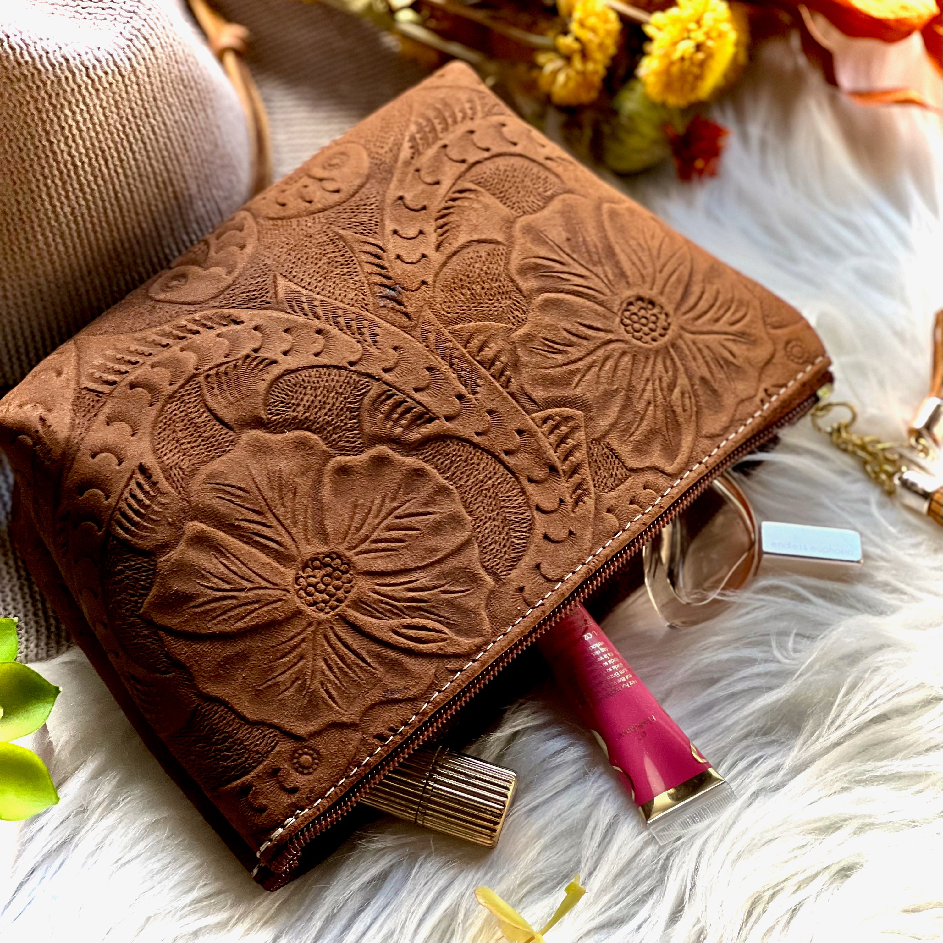 Authentic Leather embossed Makeup Bag • Handmade Cosmetic Bag• Birthday ...