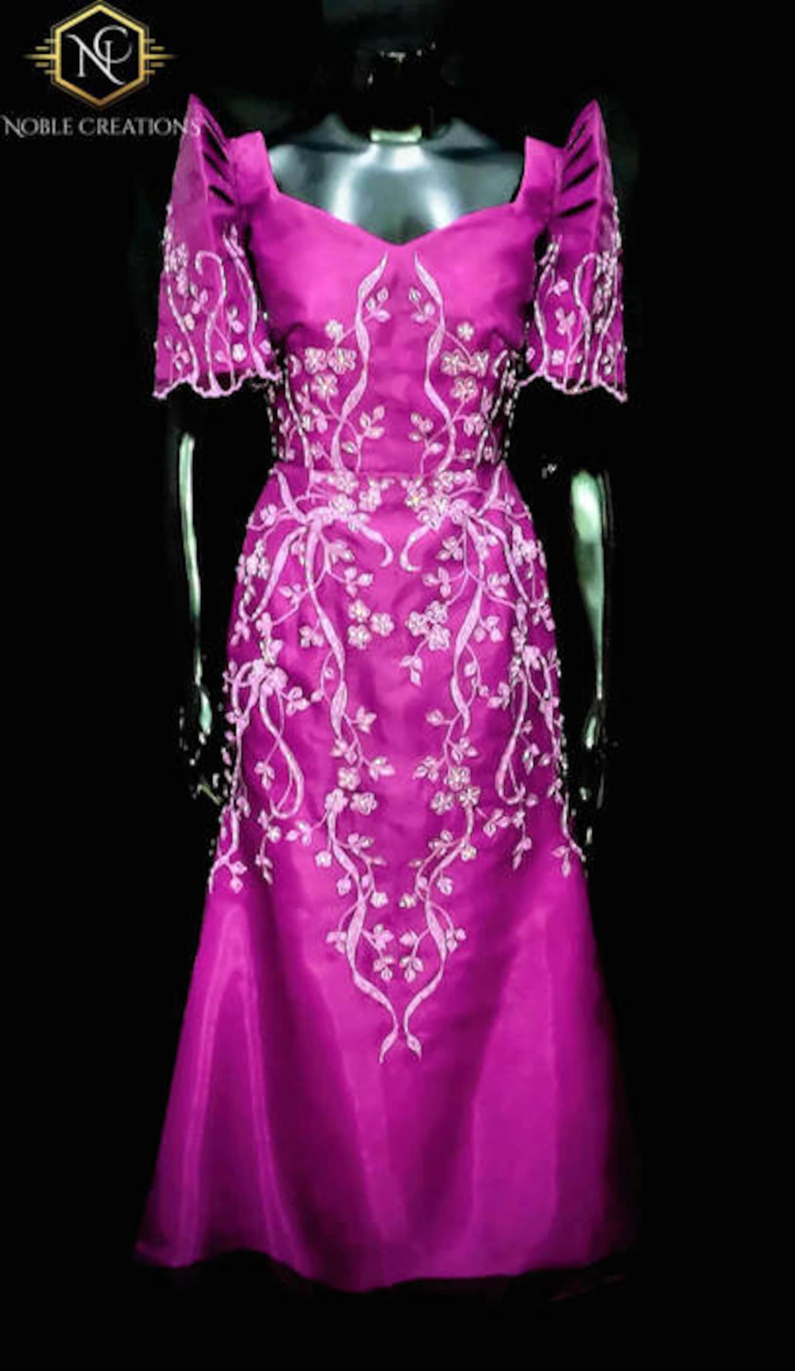 FILIPINIANA DRESS Embroidered and Beaded Mestiza Gown - Magenta - Etsy