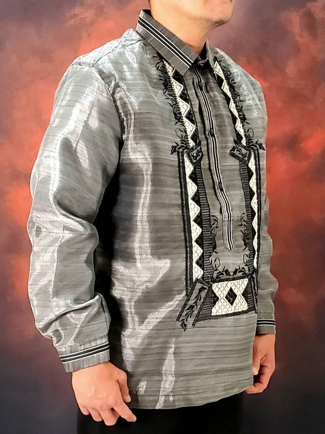 BARONG TAGALOG Gray Embroidered With Inner Lining Filipino National ...