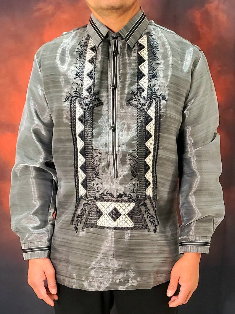 BARONG TAGALOG Gray Embroidered With Inner Lining Filipino National ...