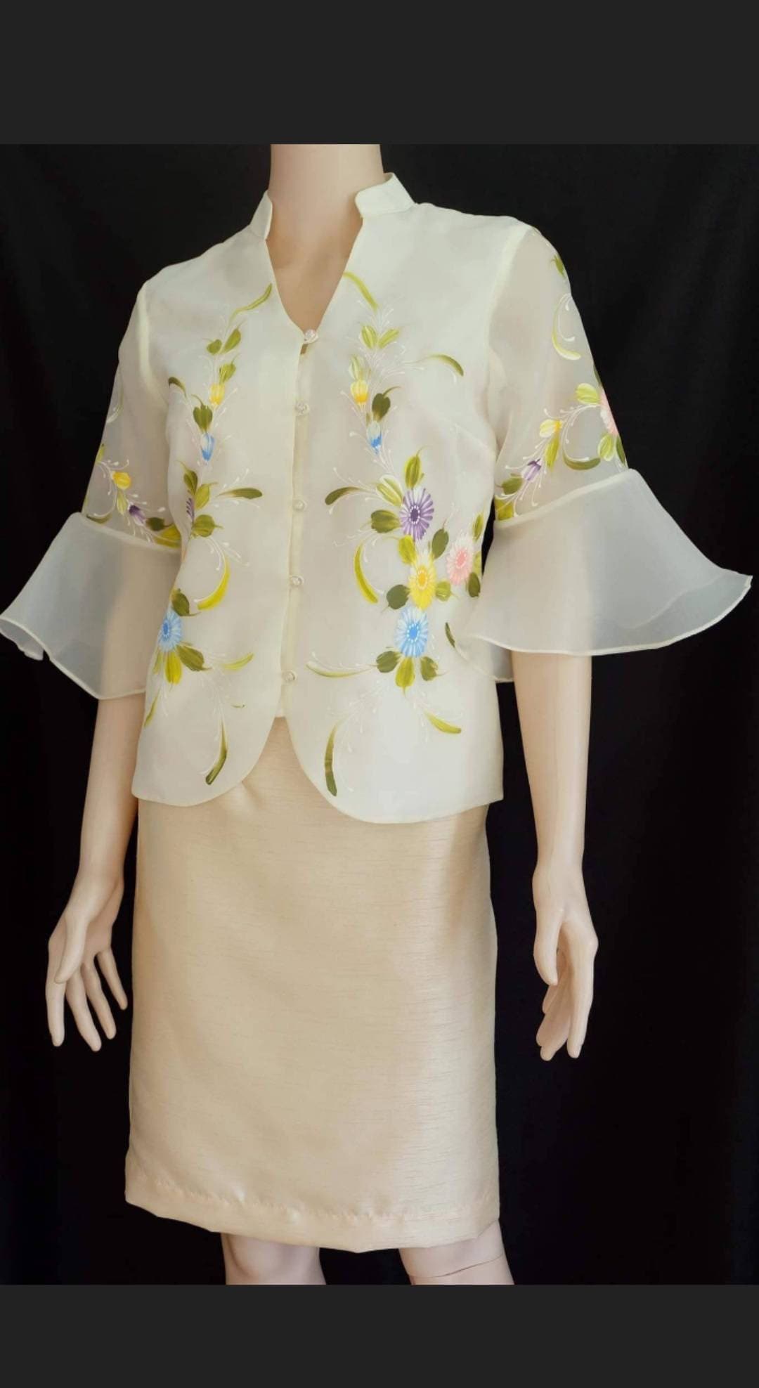 Modern FILIPINIANA HANDPAINTED BLOUSE In Flair Sleeves - Barong Tagalog ...