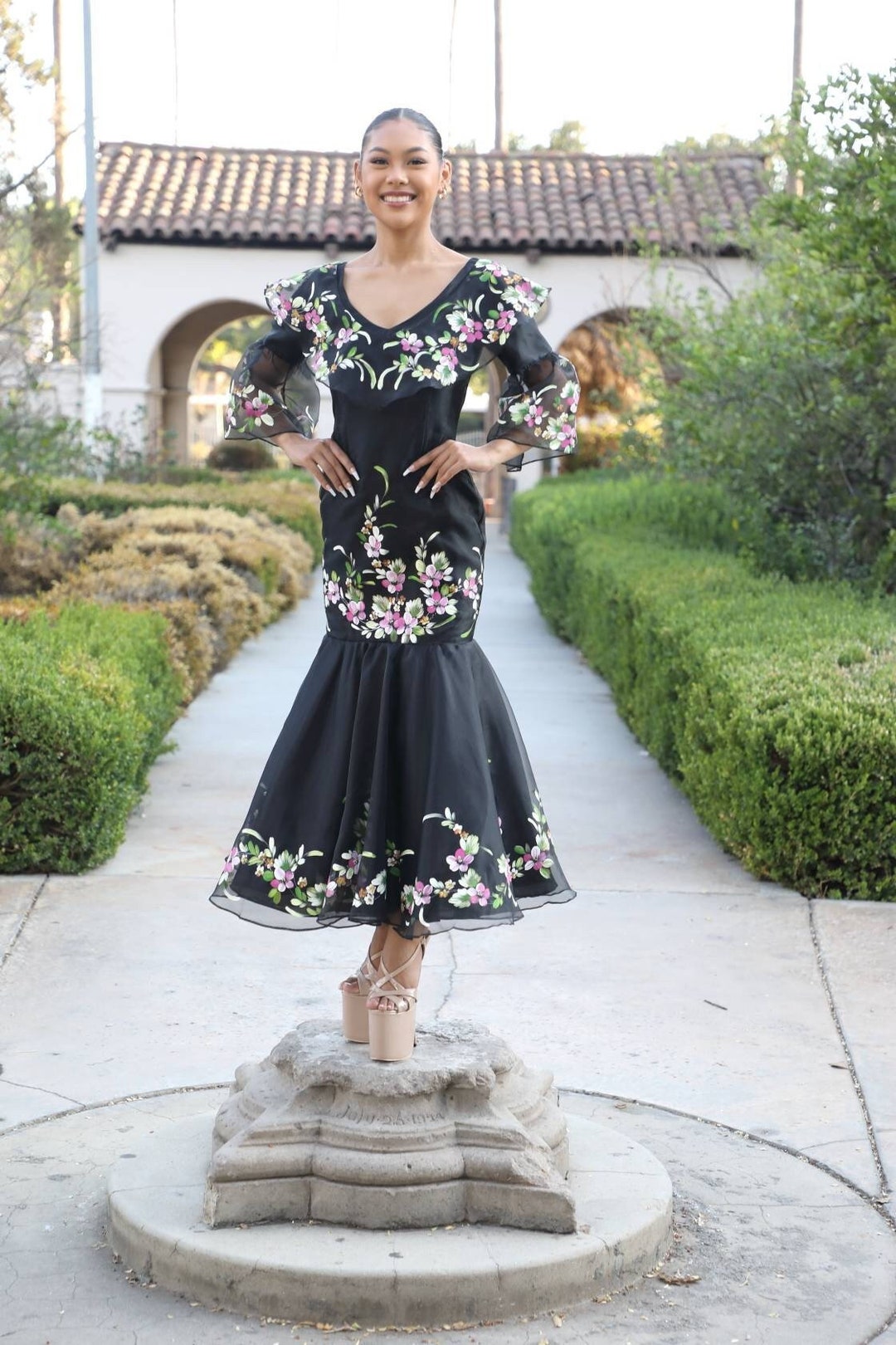 FILIPINIANA DRESS Black Hand-painted Serpentina Gown With Flair Sleeves ...