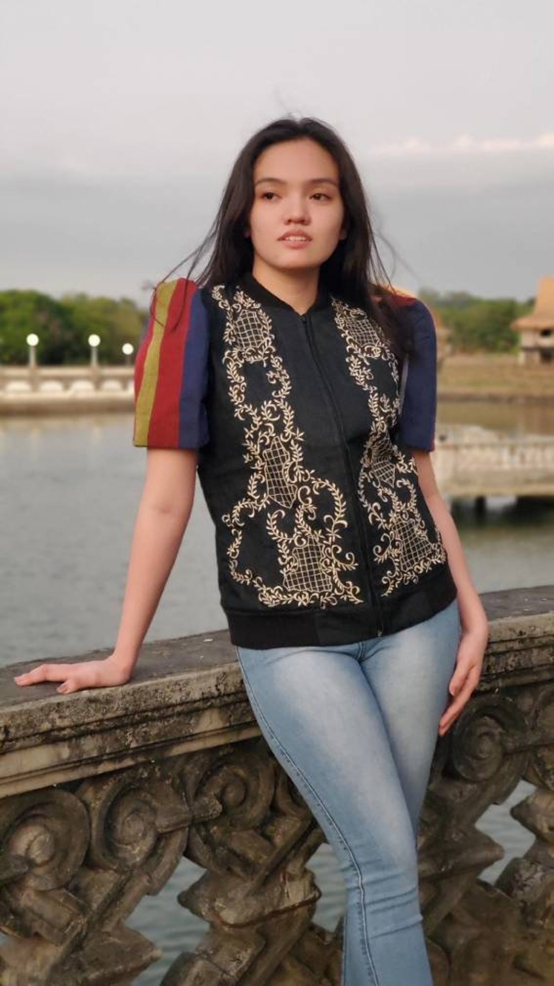 FILIPINIANA ITNEG FABRIC Mestiza Sleeve Denim Bomber Jacket - Etsy