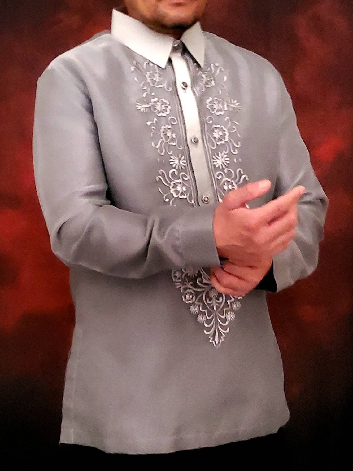 BARONG TAGALOG Gray Embroidered With Inner Lining Filipino National ...