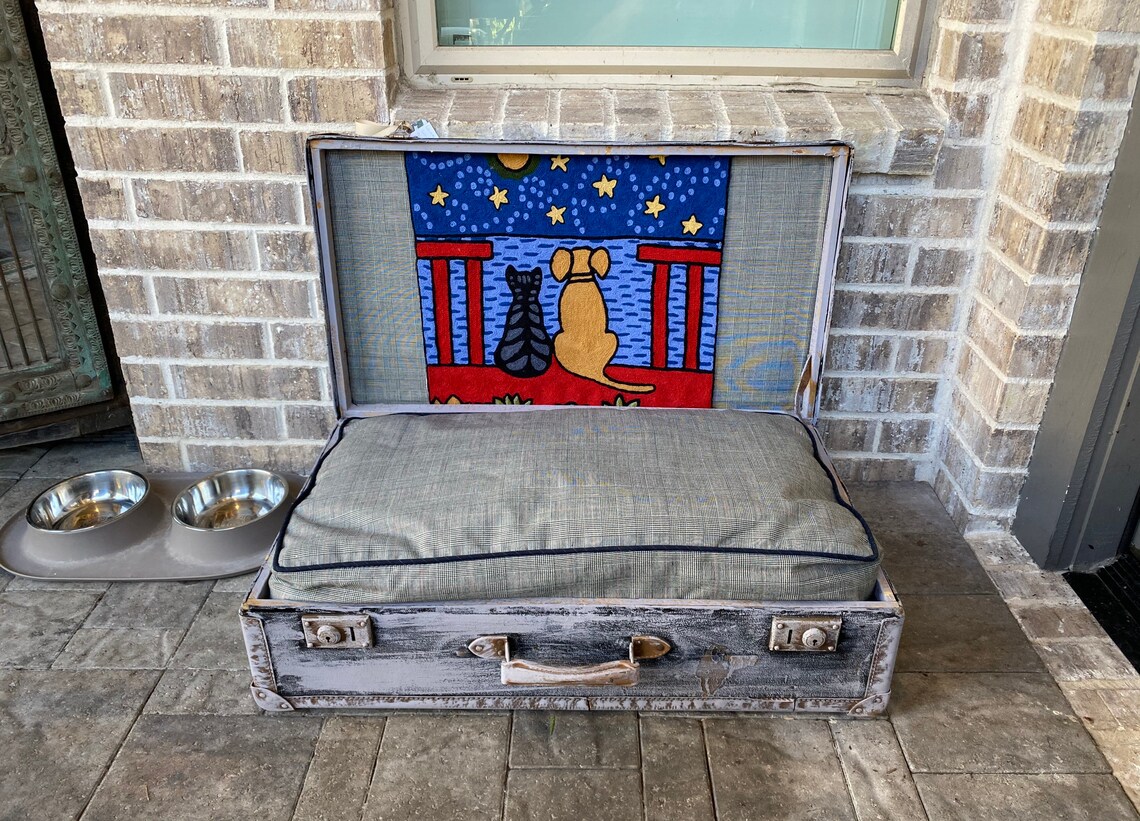 PET Bed.vintage Suitcase With Upcycled Suiting Fabric and - Etsy