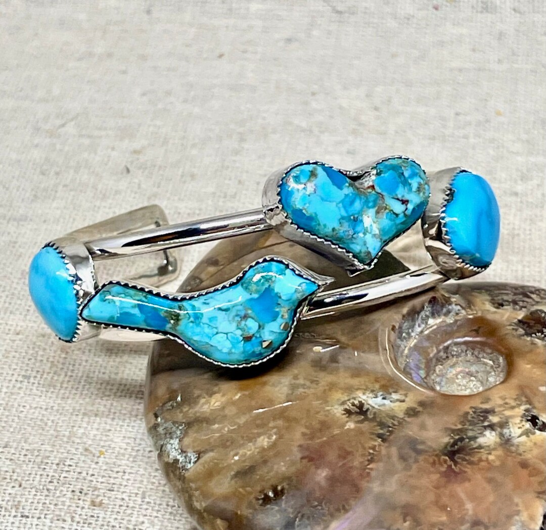 Whimsical Cuff Features Castle Dome Turquoise Birdie and Puffy Heart ...