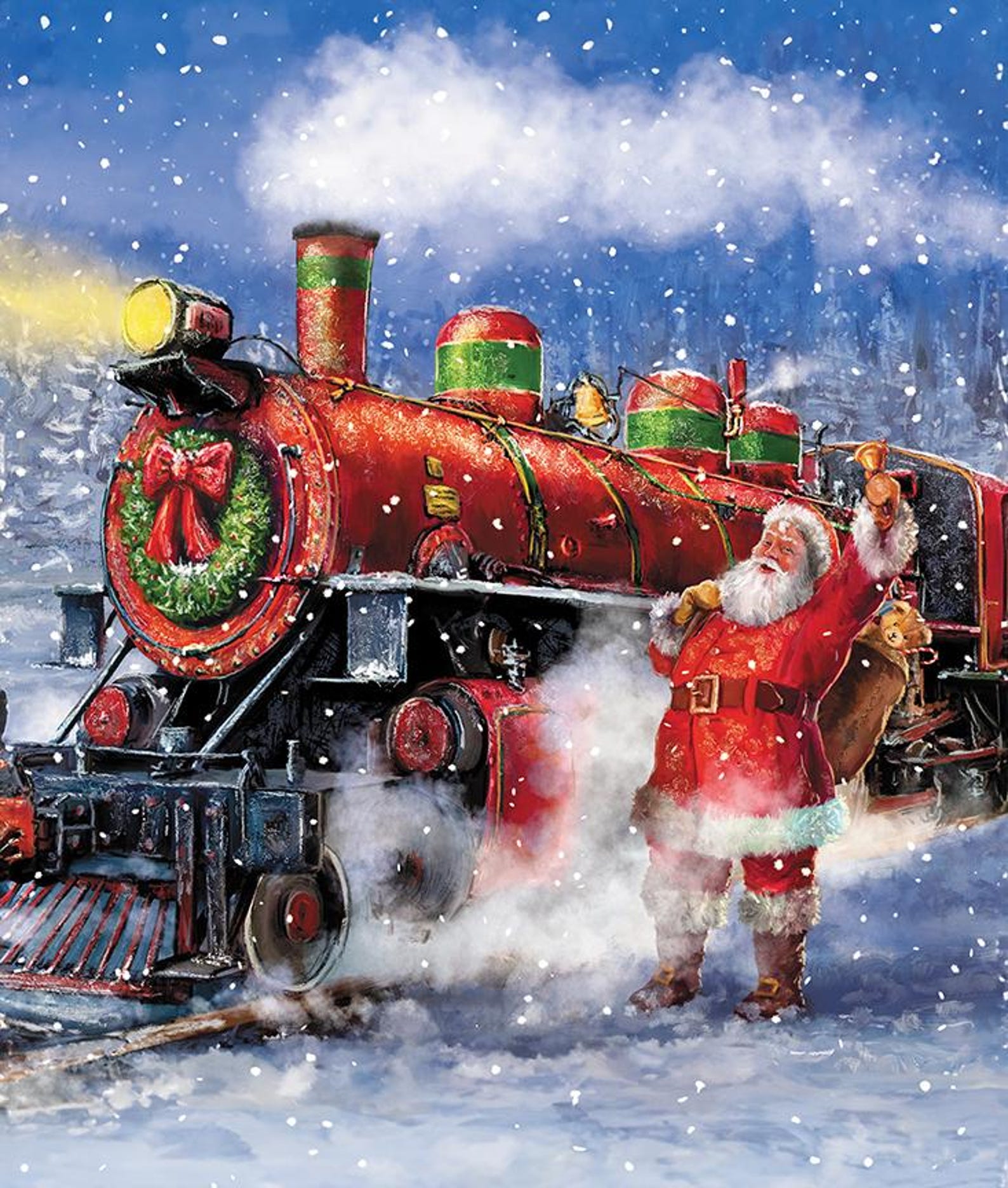 Santa & Holiday Train Fabric Panel: Christmas Quilting Cotton by Riley ...