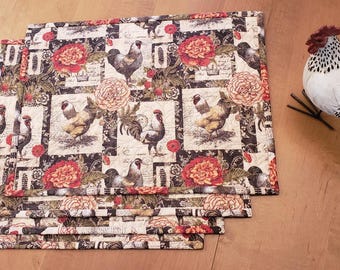French Country Cotton Quilted Rectangle Placemats, Poultry Lover ...