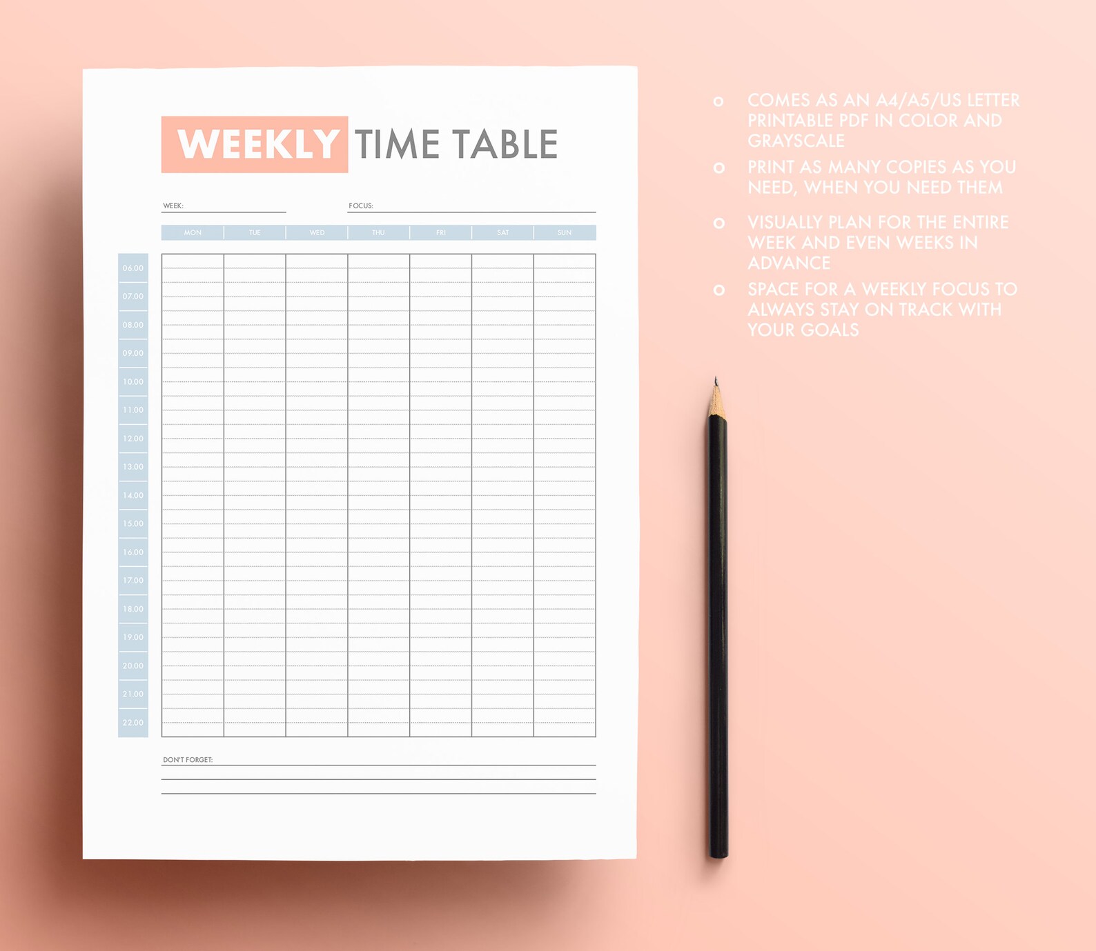 Minimal Weekly Time Table Planner Printable A4 A5 US Letter | Etsy