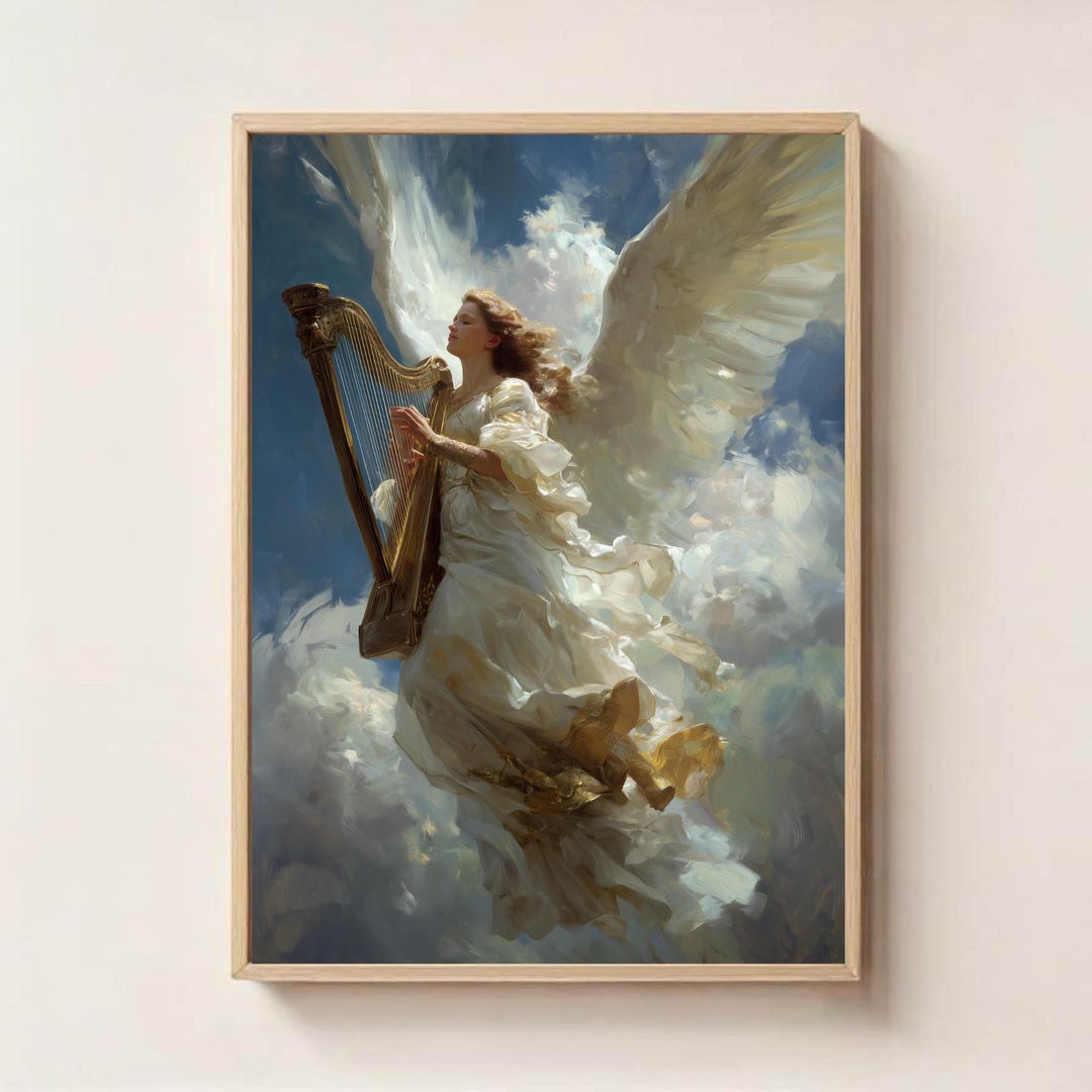 Heavenly Angel Playing Harp Art Print – Serene Guardian Angel Wall Art ...