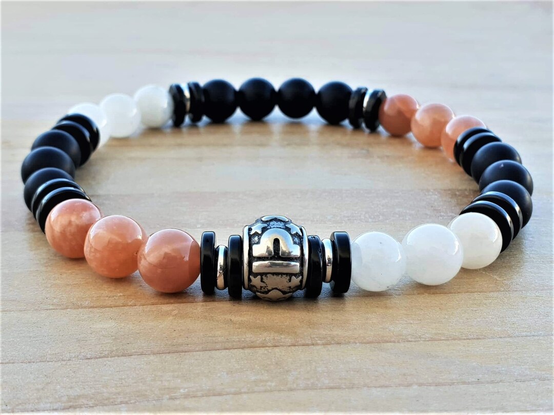 Libra Bracelet, Zodiac Bracelet, Matte Black Onyx, Moonstone, Sunstone ...