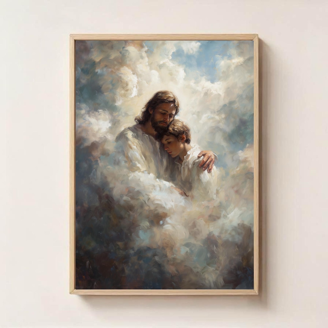 Jesus Embracing in Heaven Art Print, Jesus Wall Art, Religious Home ...