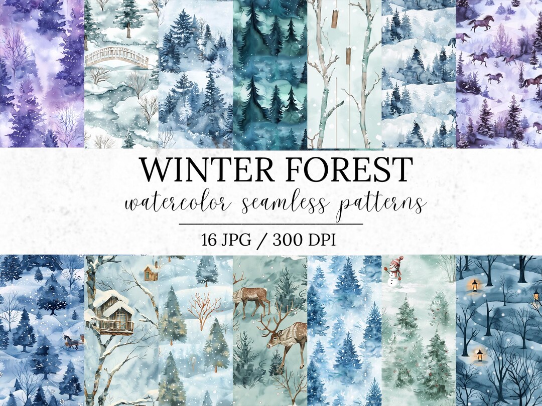 Winter Forest Seamless Patterns – 16 Watercolor Snow Landscape Digital ...