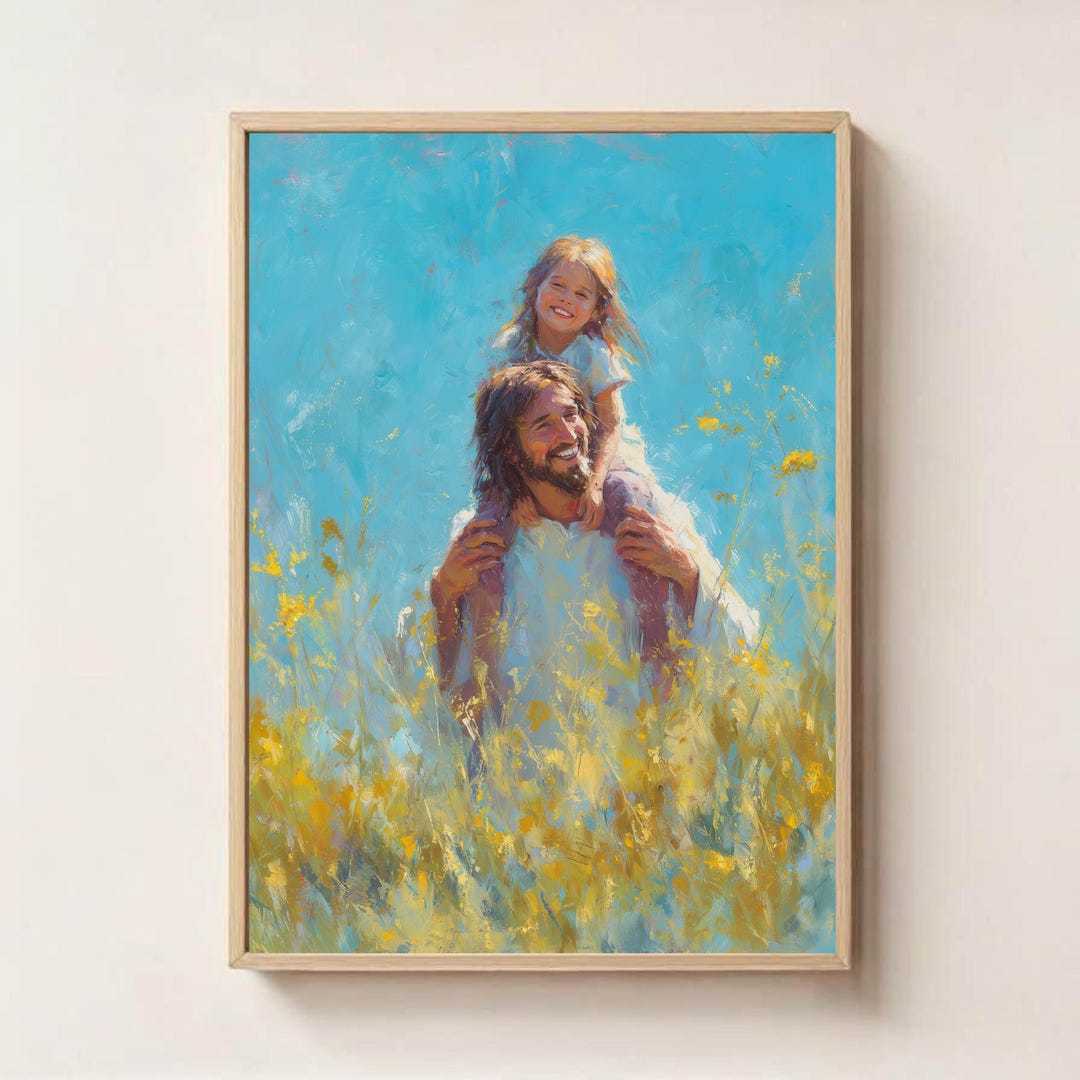 Jesus Carrying Child on Shoulders in Meadow, Jesus Art Print, Religious ...